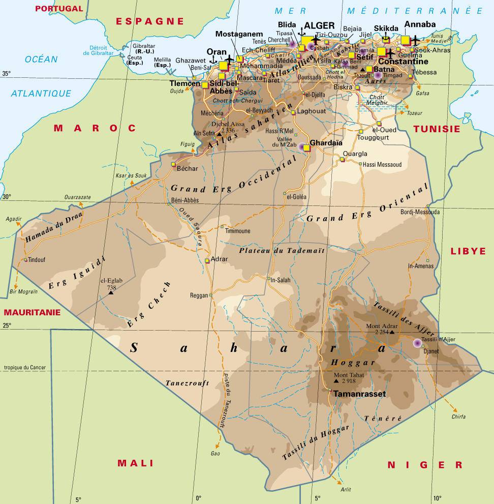Carte de l'Algérie - villes, routes, relief, administrative, régions Carte de l'Algérie - villes, routes, relief, administrative, régions