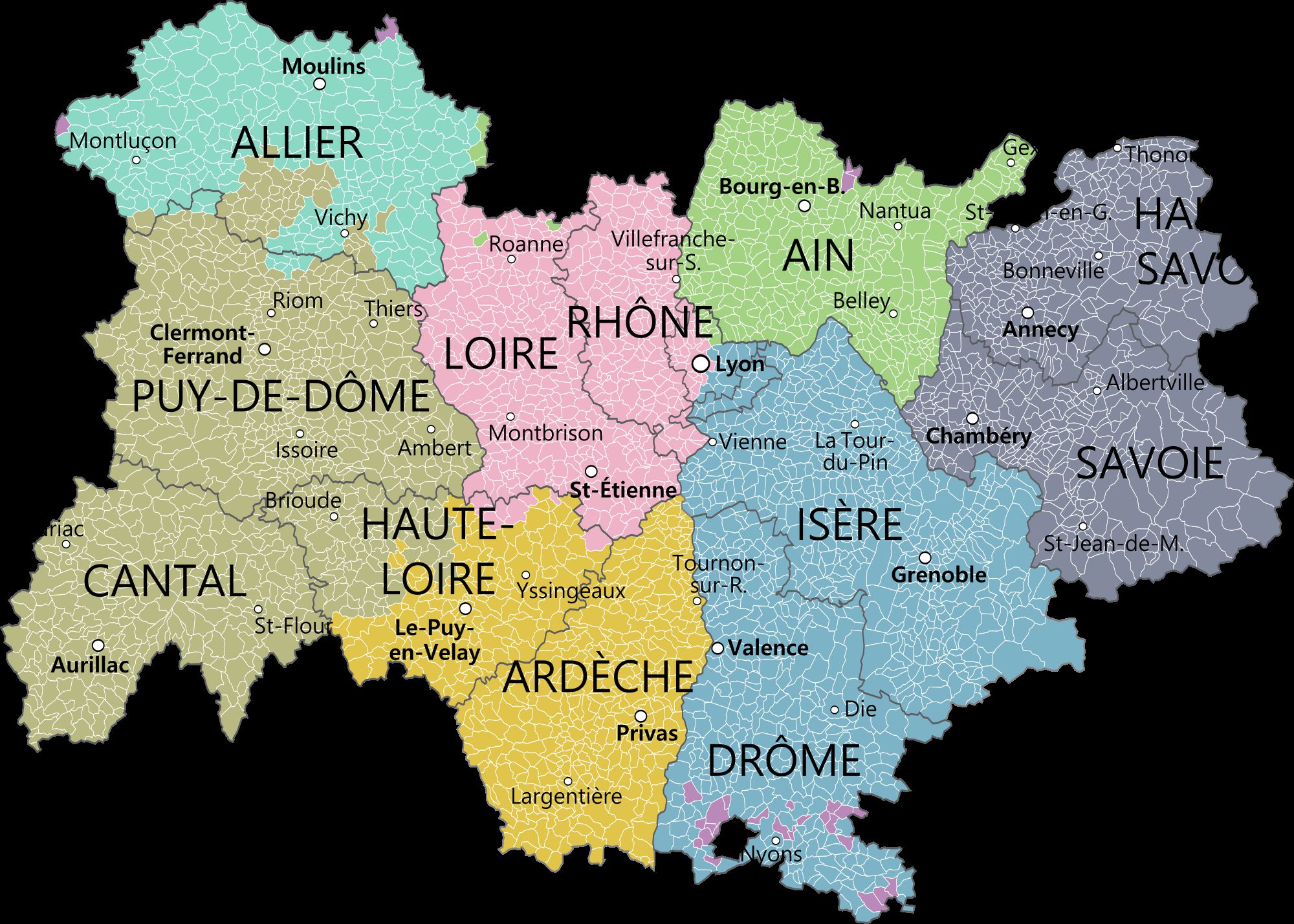 Carte de l'Auvergne-Rhône-Alpes - Auvergne-Rhône-Alpes cartes de la région Carte de l'Auvergne-Rhône-Alpes - Auvergne-Rhône-Alpes cartes de la région
