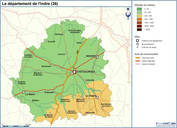 Carte de l'Indre - Indre carte du département 36 - villes, sites ...